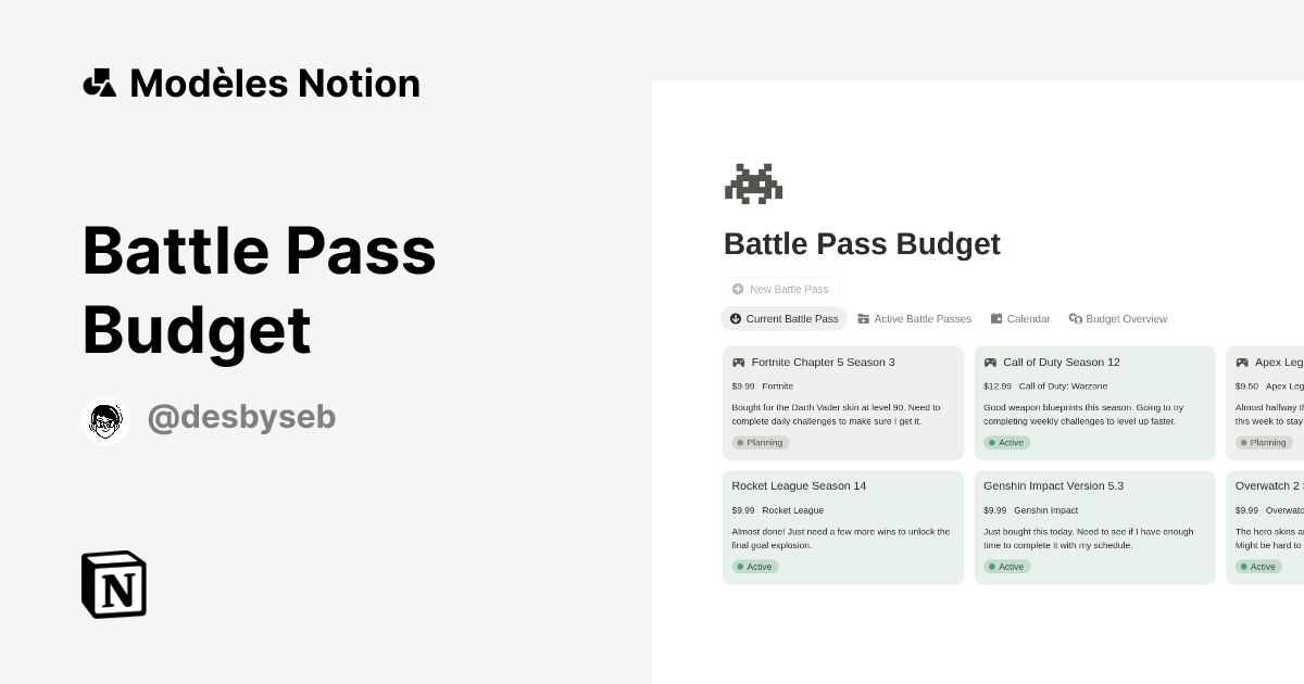 Modèle Battle Pass Budget | Marketplace Notion