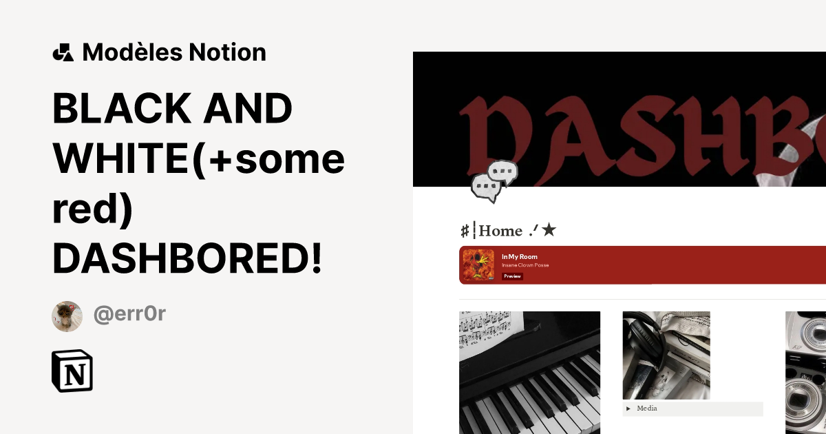 BLACK AND WHITE(+some red) DASHBORED! | Modèle créé par ˗ˏˋ ERROR! ˎˊ˗ | Marketplace Notion
