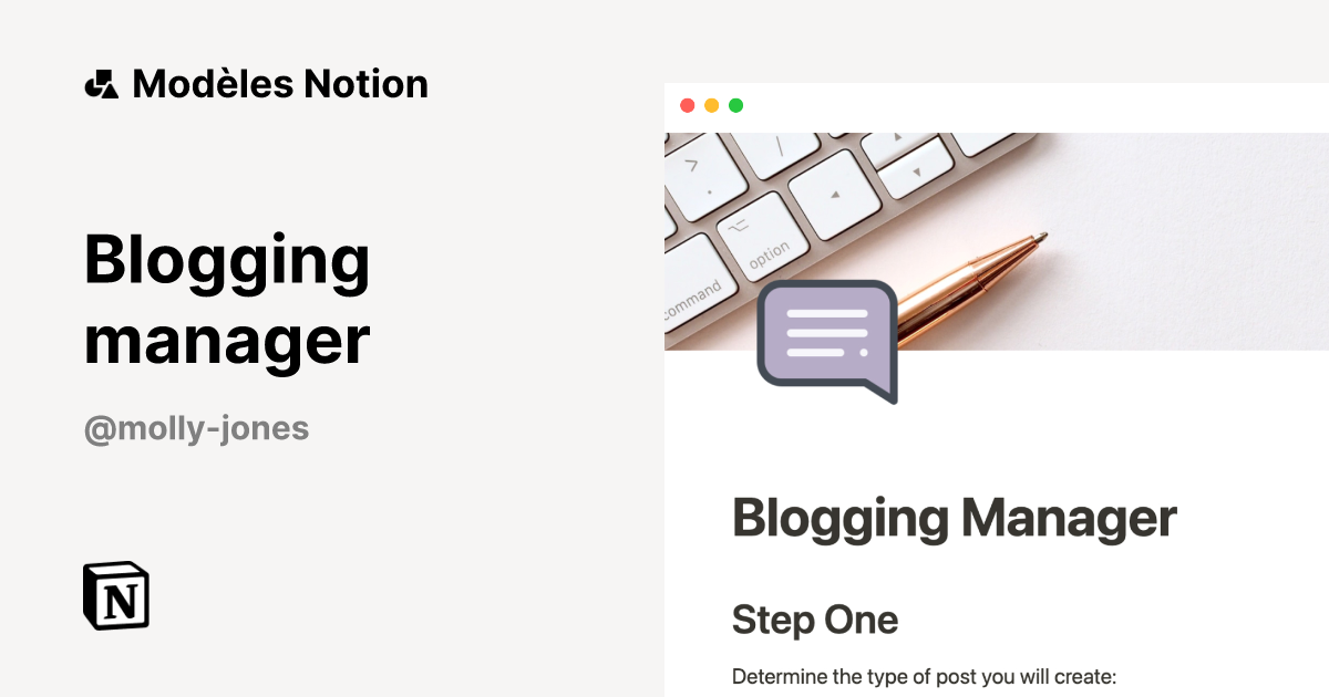 Blogging manager | Modèle créé par Molly Jones | Marketplace Notion