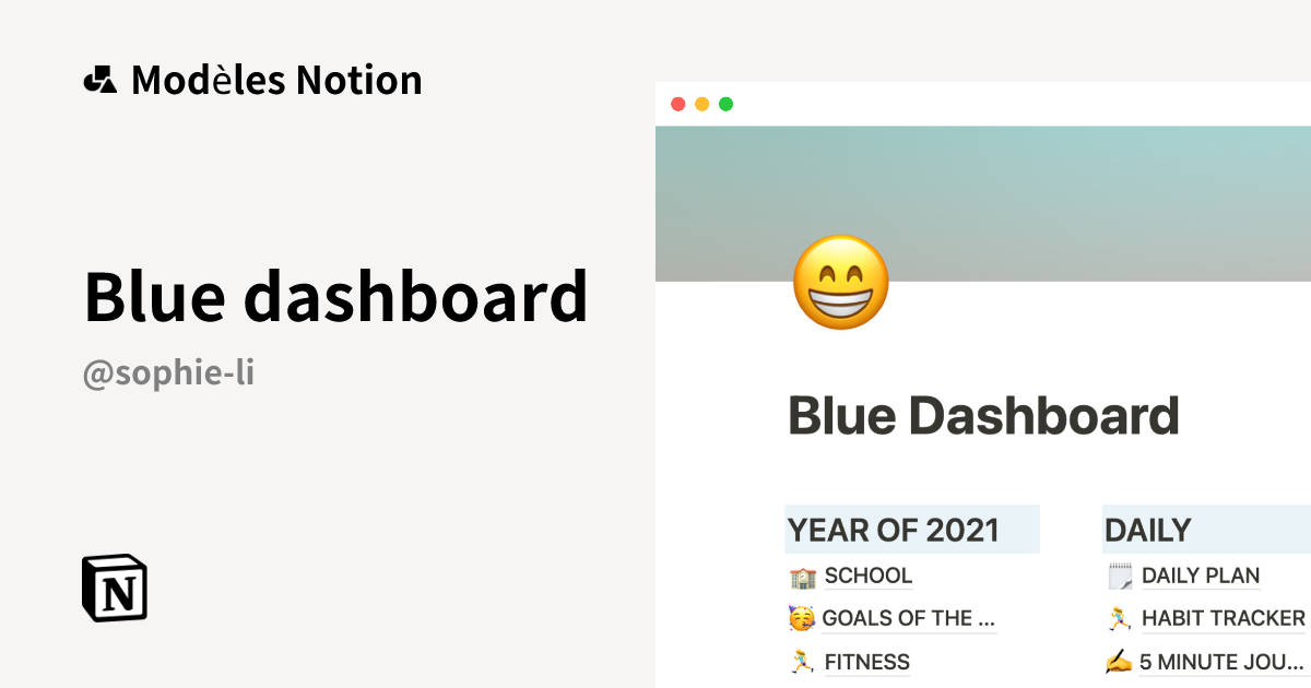 Blue dashboard | Modèle créé par Sophie Li | Marketplace Notion