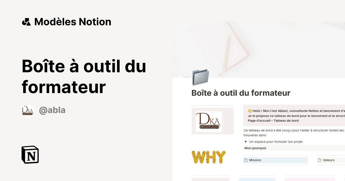 Boîte à outil du formateur | Modèle créé par DEKA Consulting | Marketplace Notion