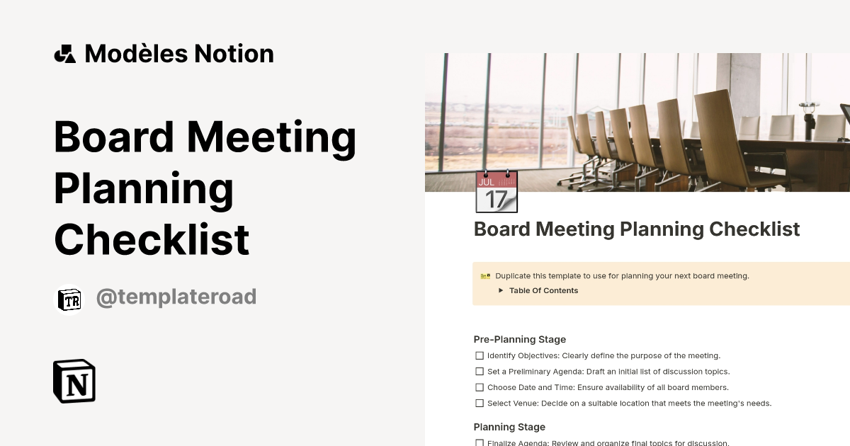 Modèle Board Meeting Planning Checklist | Marketplace Notion