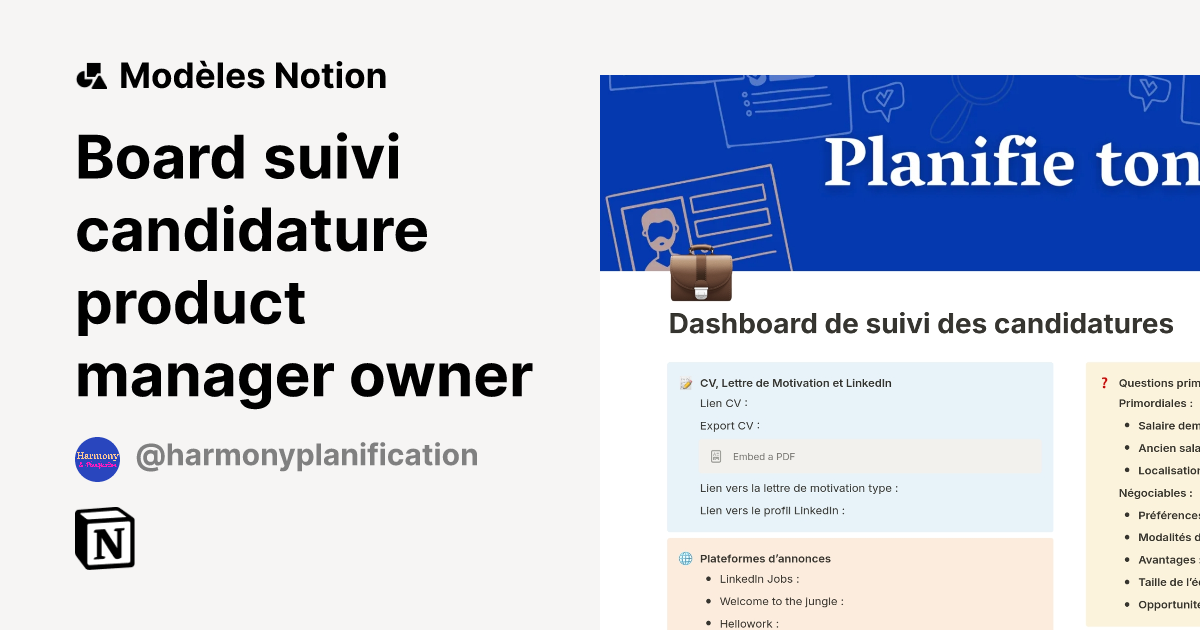 Board suivi candidature product manager owner | Modèle créé par Harmony & Planification ...