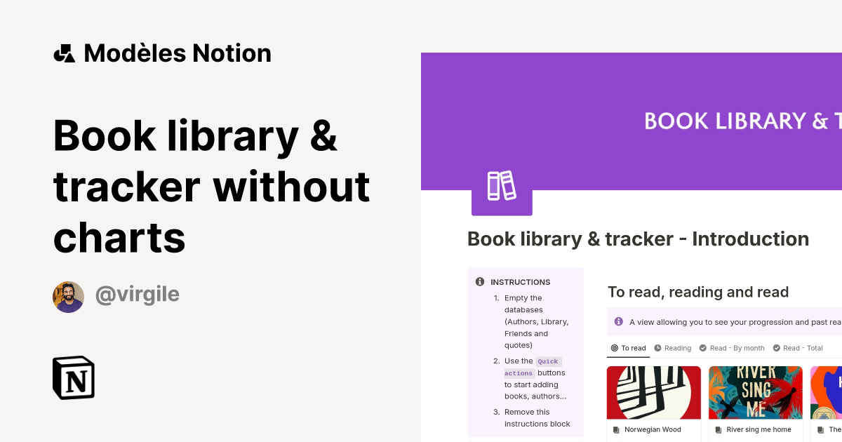 Modèle Book library & tracker without charts | Marketplace Notion