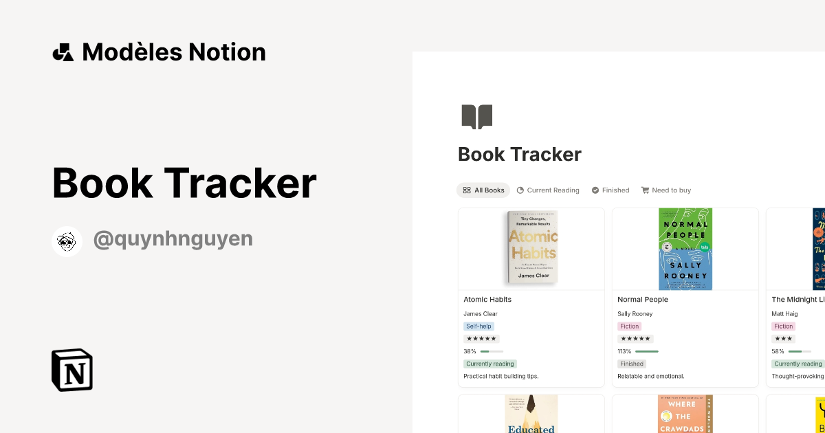 Book Tracker | Modèle créé par Quynh Nguyen | Marketplace Notion