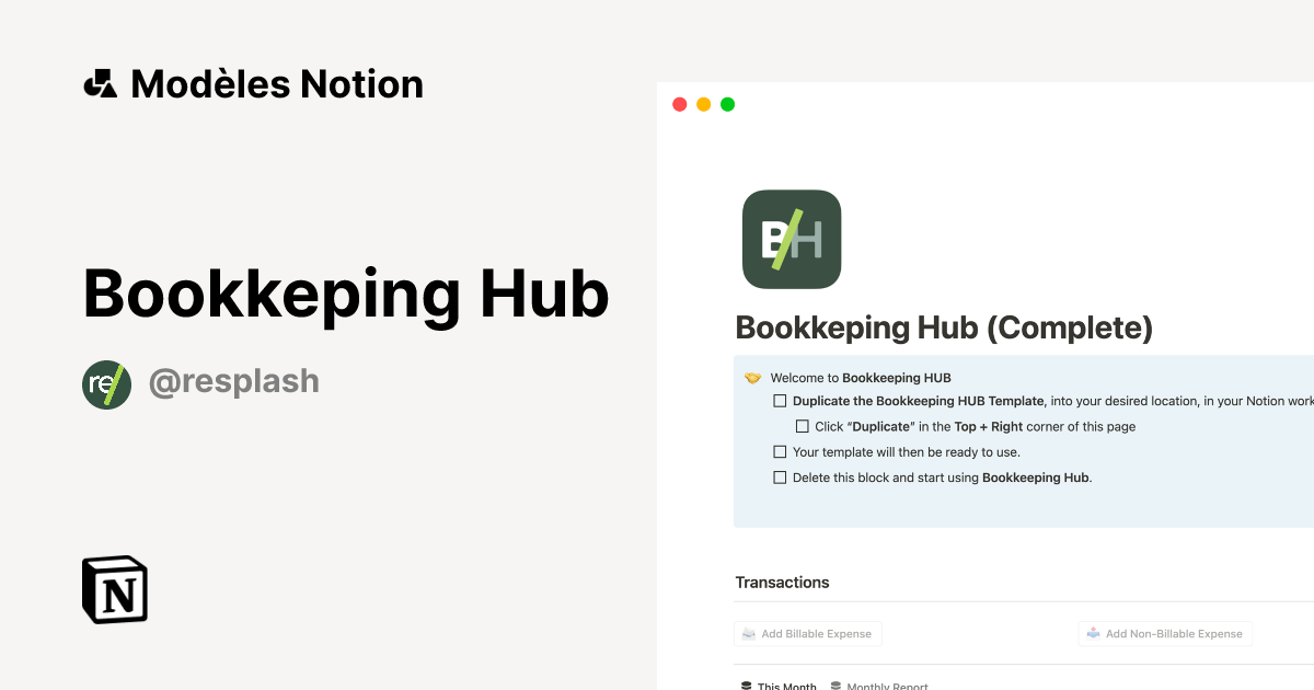 Bookkeping Hub | Modèle créé par Resplash | Marketplace Notion