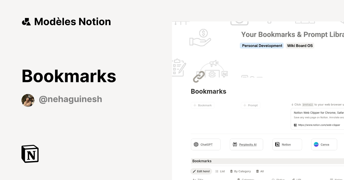 Bookmarks | Modèle créé par Neha Guinesh | Marketplace Notion