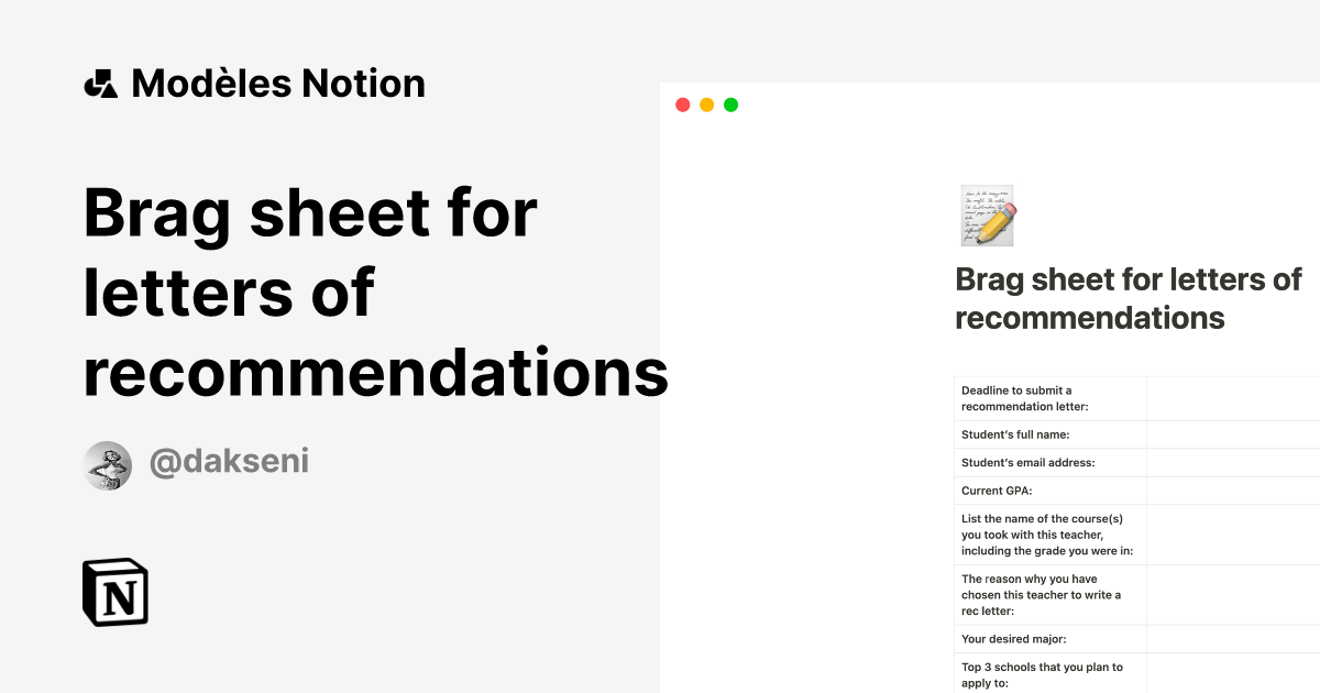 Modèle Brag sheet for letters of recommendations | Marketplace Notion