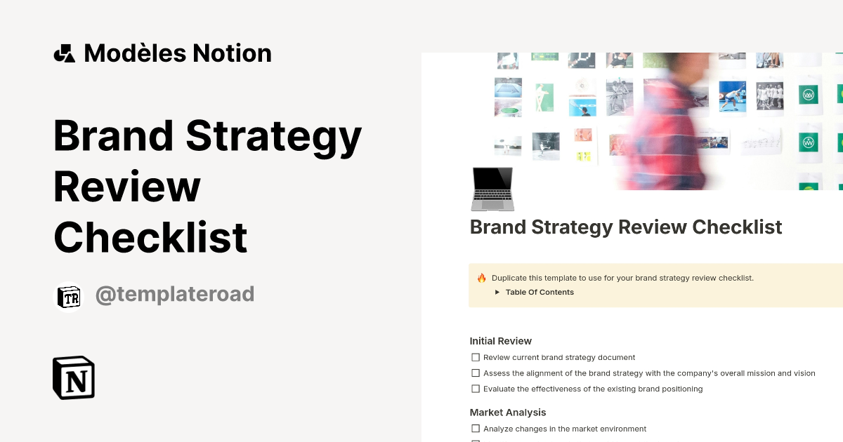 Modèle Brand Strategy Review Checklist | Marketplace Notion