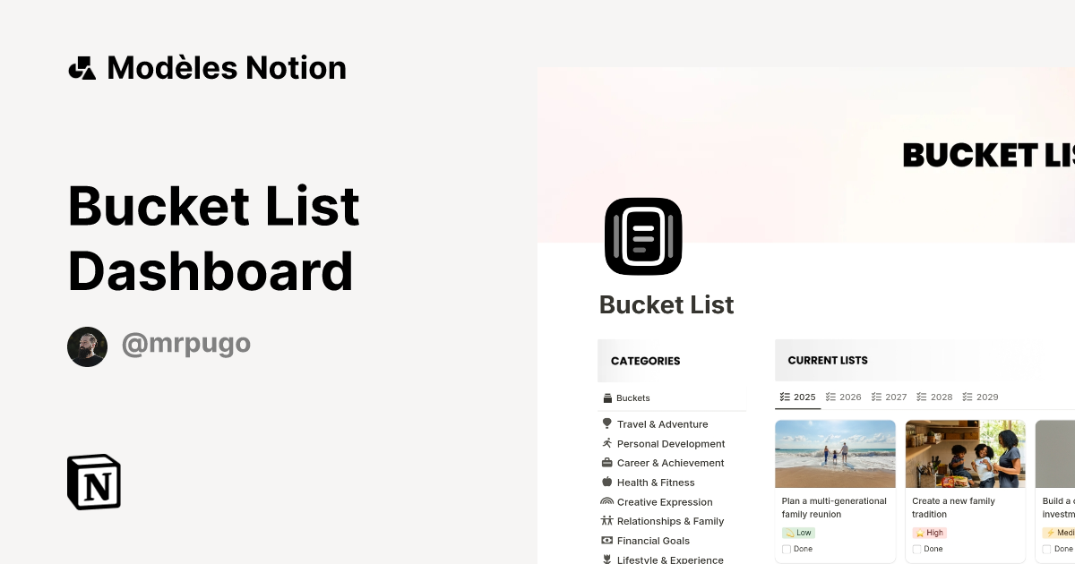 Bucket List Dashboard | Modèle créé par mrpugo | Marketplace Notion