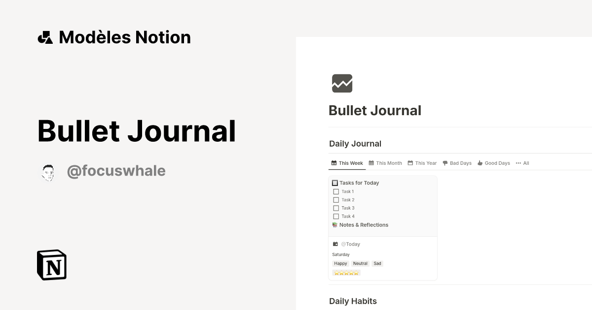 Bullet Journal | Modèle créé par FocusWhale | Marketplace Notion