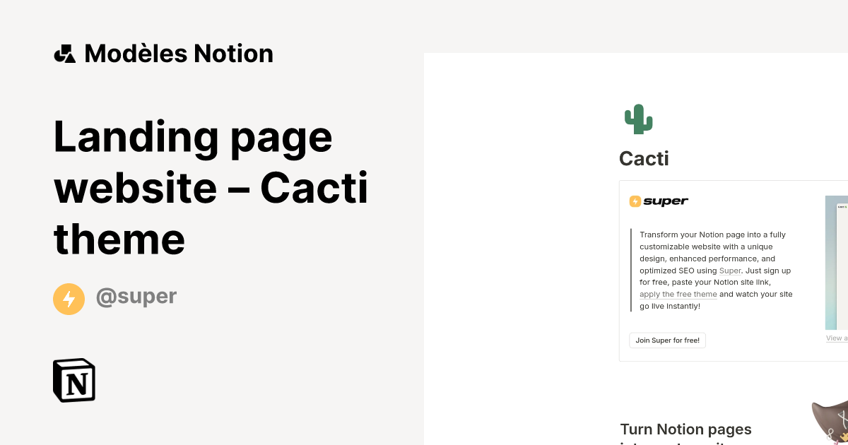 Landing page website – Cacti theme | Modèle créé par Super | Marketplace Notion