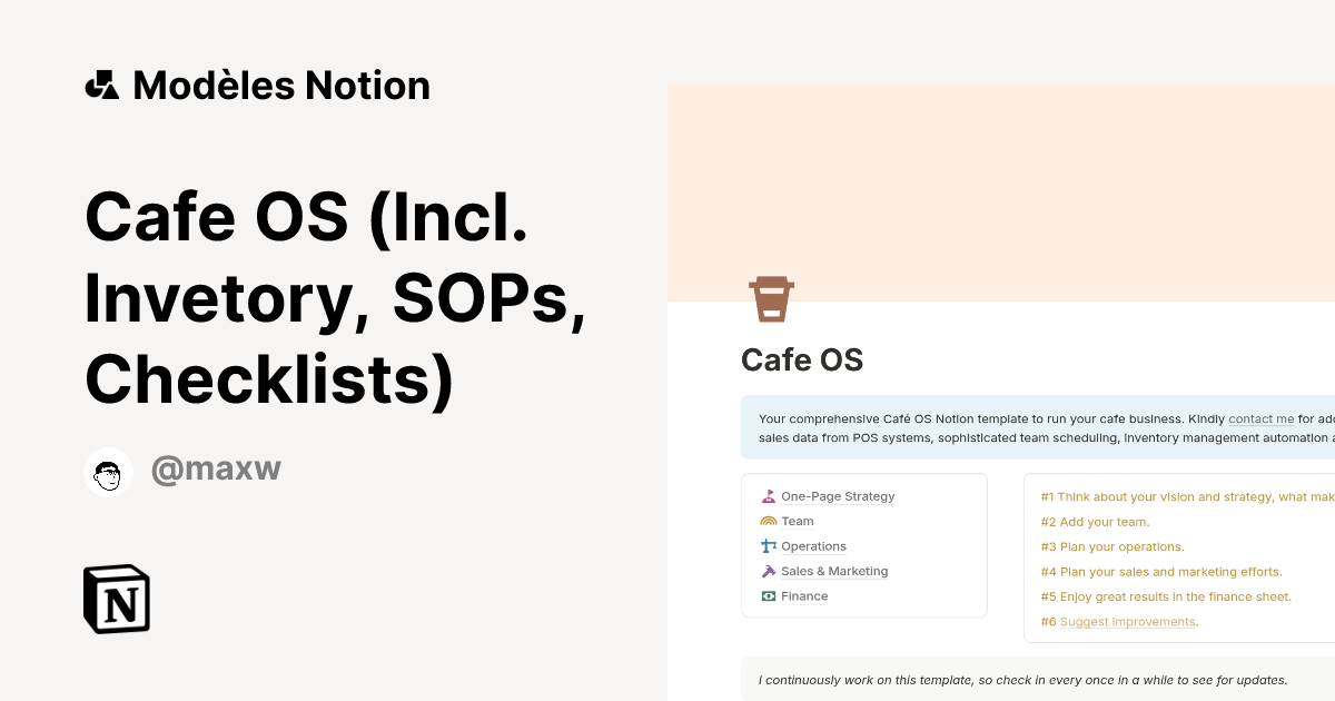 Modèle Cafe OS (Incl. Invetory, SOPs, Checklists) | Marketplace Notion