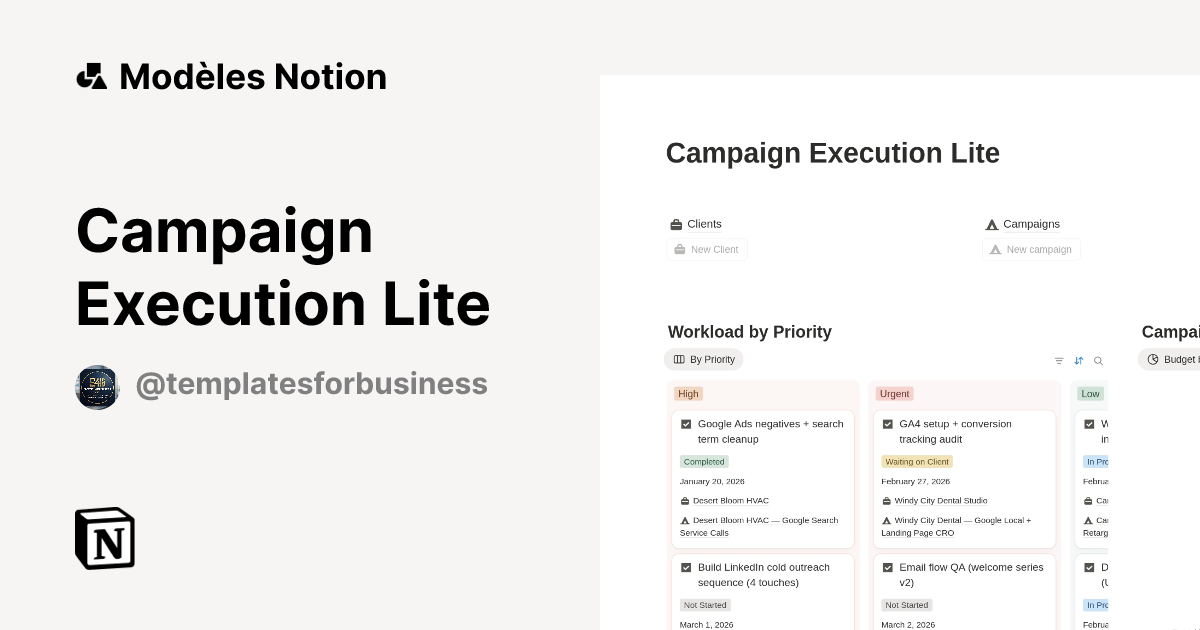 Modèle Campaign Execution Lite | Marketplace Notion