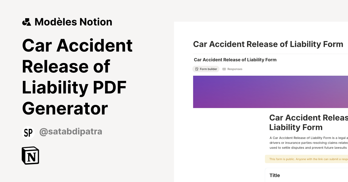 Modèle Car Accident Release of Liability PDF Generator | Marketplace Notion