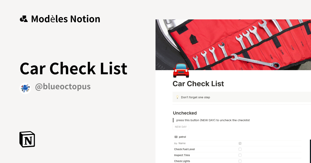 Car Check List | Modèle créé par BlueOctopus | Marketplace Notion