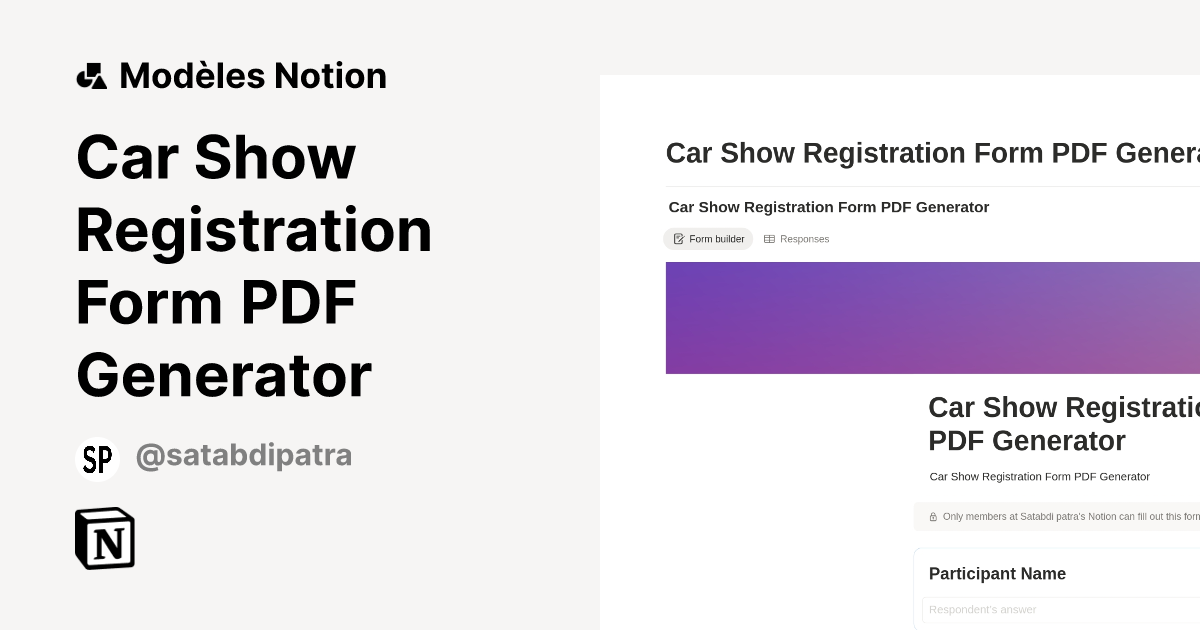 Modèle Car Show Registration Form PDF Generator | Marketplace Notion