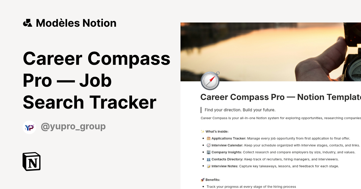 Modèle Career Compass Pro — Job Search Tracker | Marketplace Notion