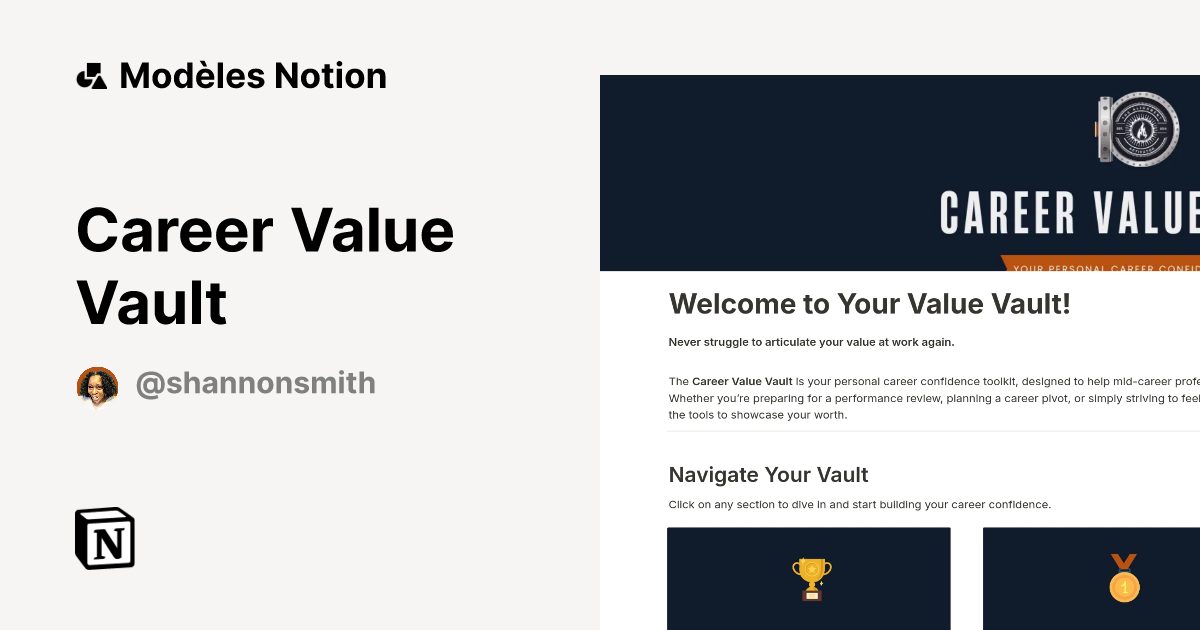Career Value Vault | Modèle créé par Shannon D. Smith | Marketplace Notion