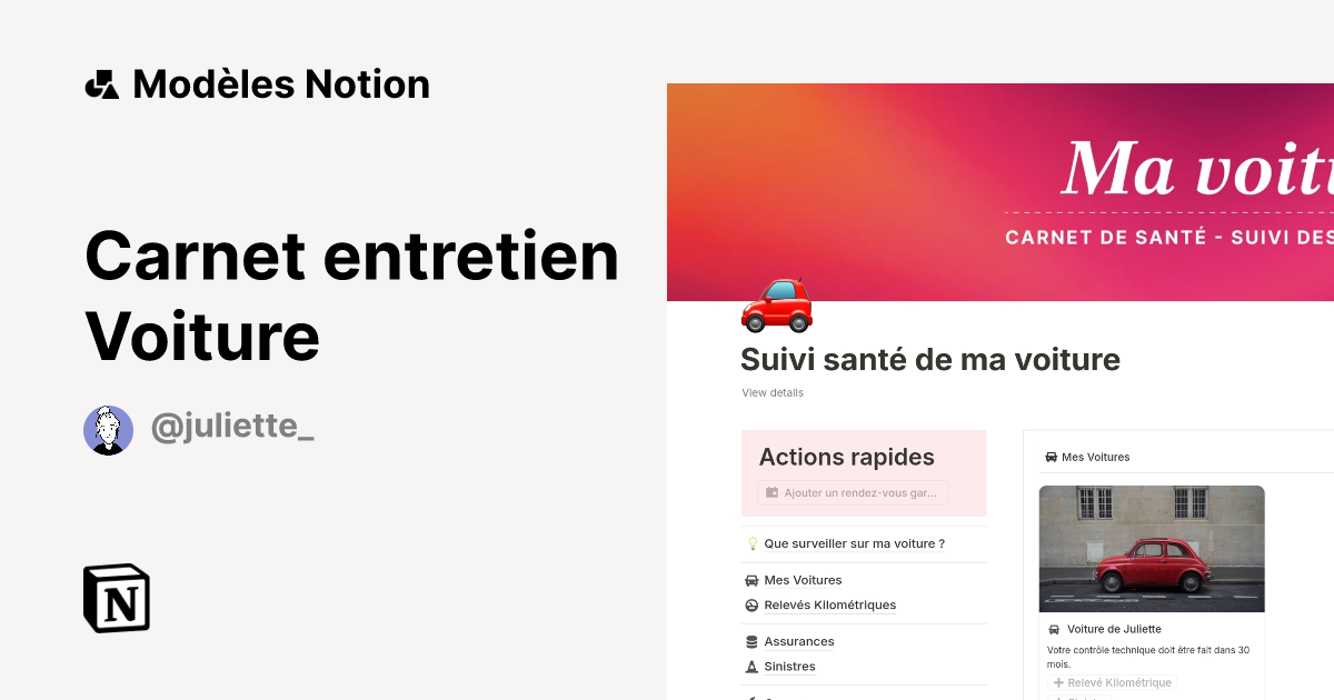 Modèle Carnet entretien Voiture | Marketplace Notion