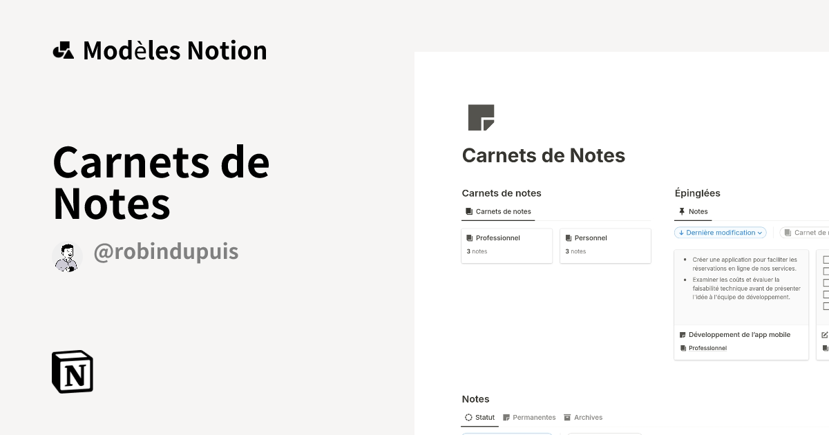 Carnets de Notes | Modèle créé par Robin Dupuis | Marketplace Notion