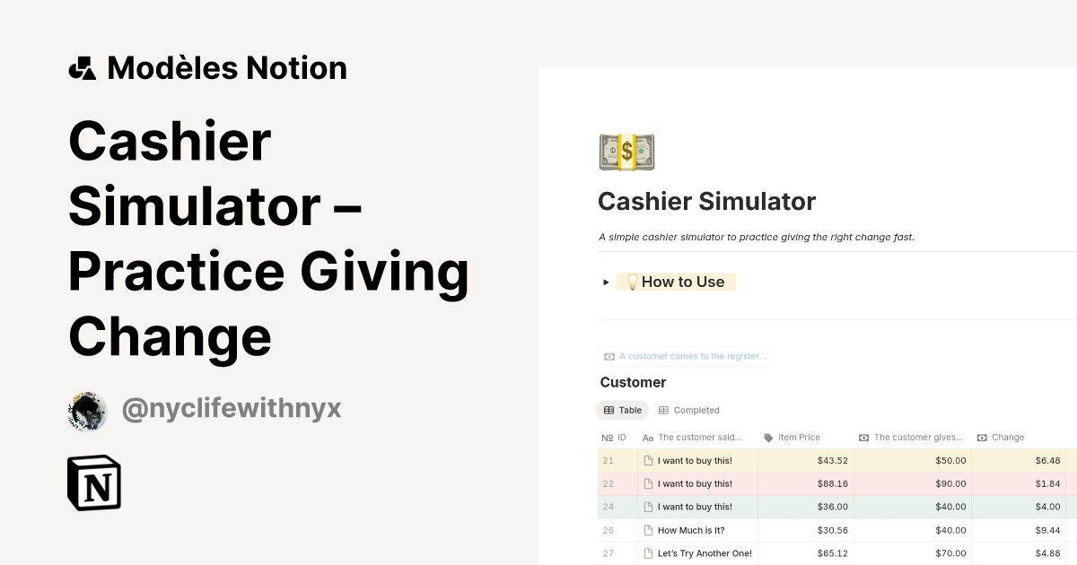 Modèle Cashier Simulator – Practice Giving Change | Marketplace Notion