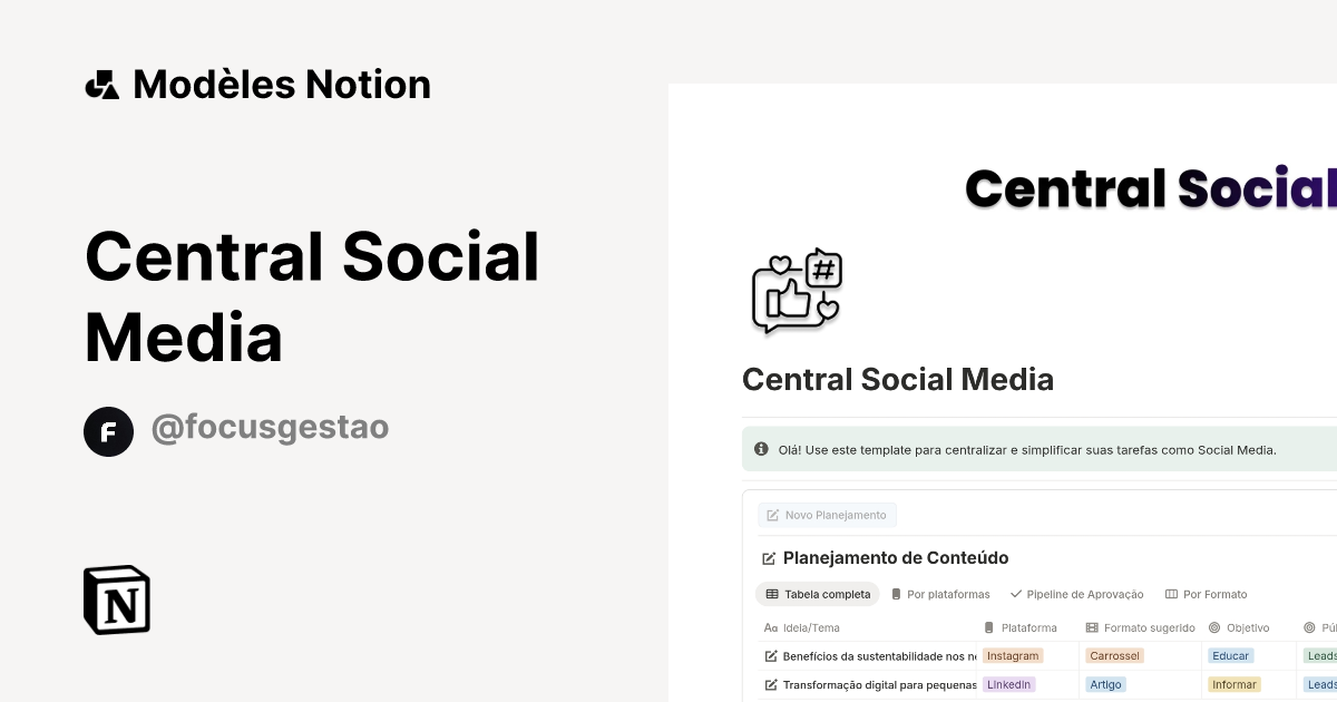 Central Social Media | Modèle créé par Focus - Gestão Empresarial | Marketplace Notion