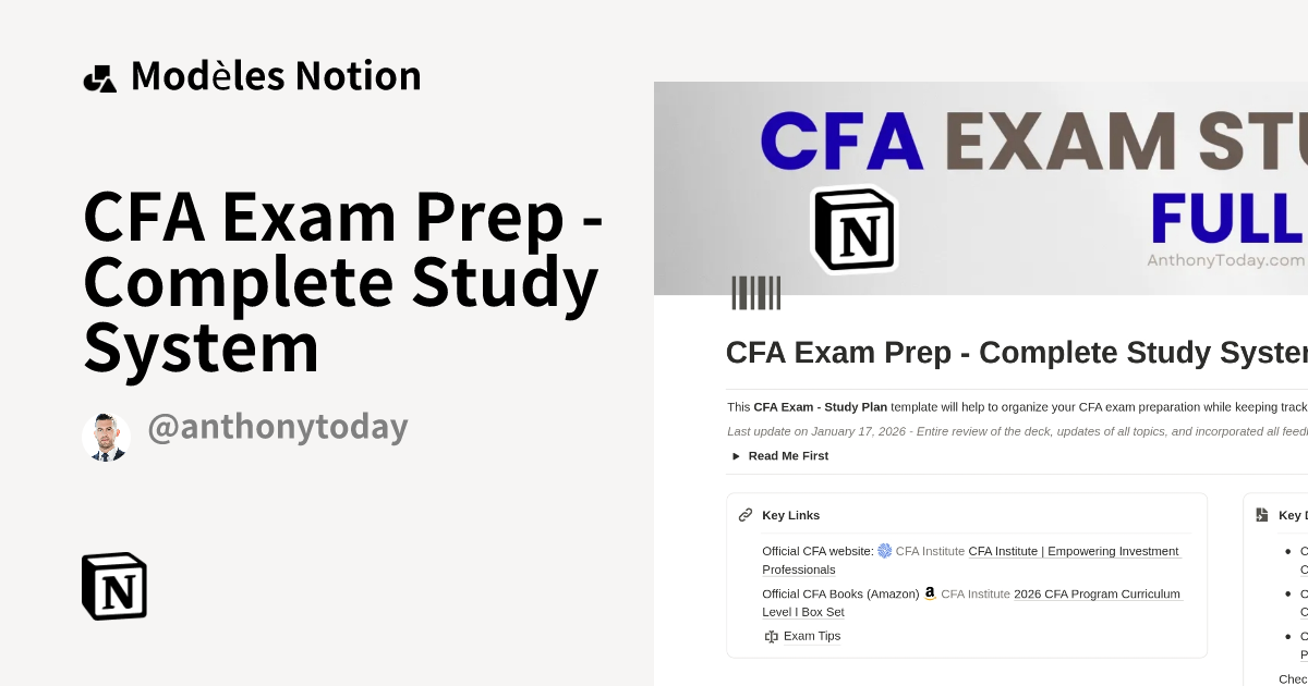 Modèle CFA Exam Study Plan | Marketplace Notion