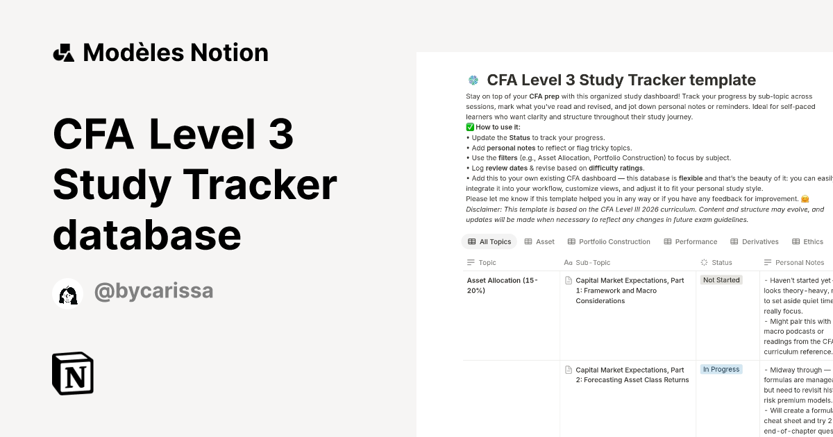 CFA Level 3 Study Tracker database | Modèle créé par Carissa | Marketplace Notion