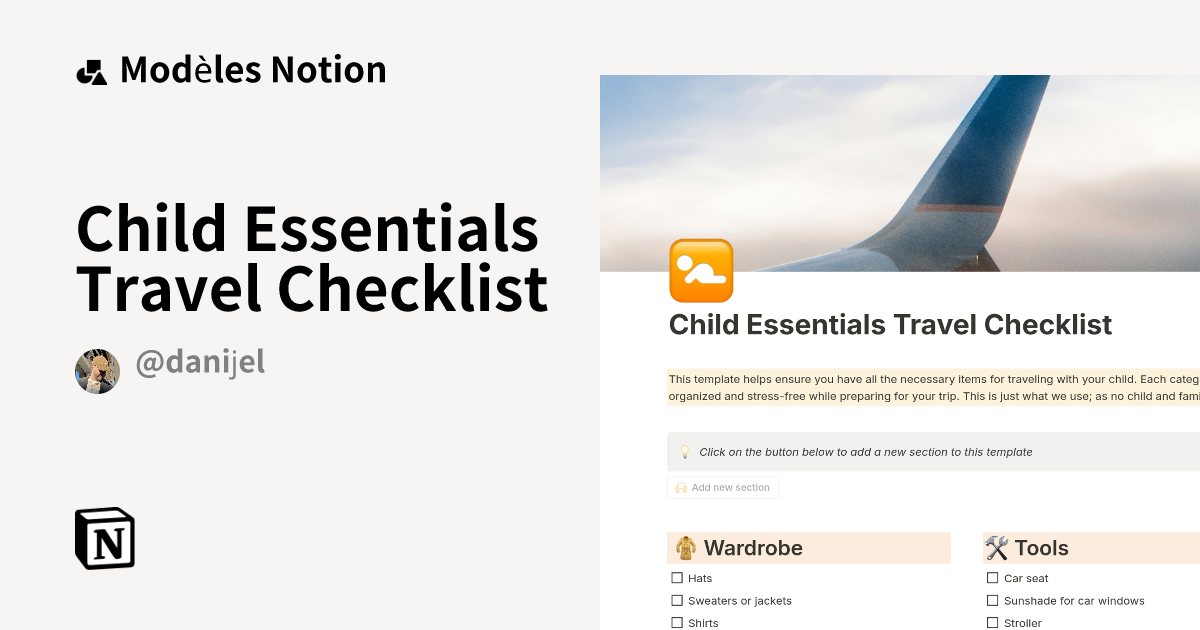 Child Essentials Travel Checklist | Modèle créé par Dan | Marketplace Notion
