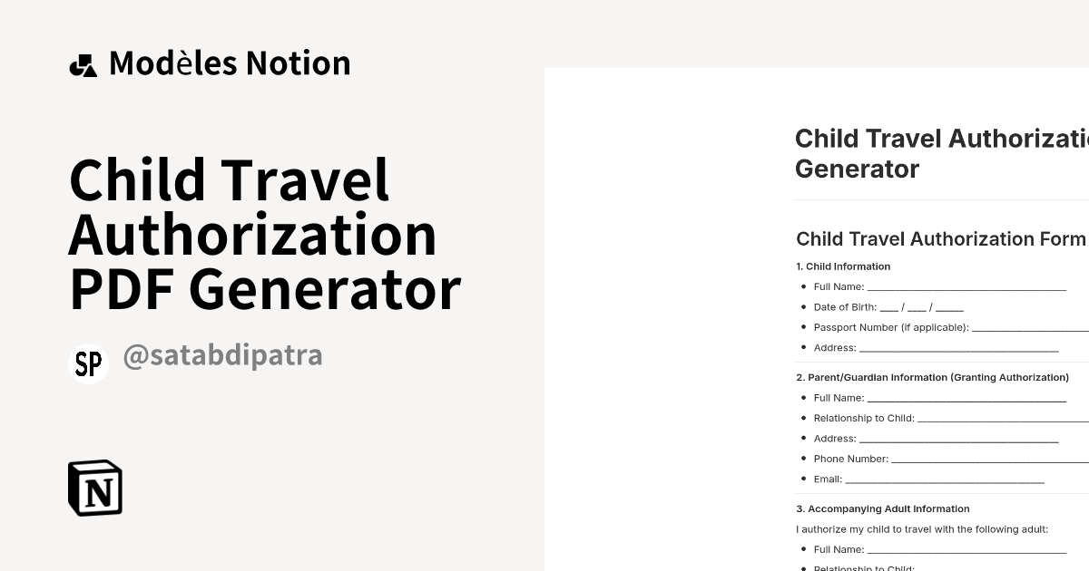 Modèle Child Travel Authorization PDF Generator | Marketplace Notion