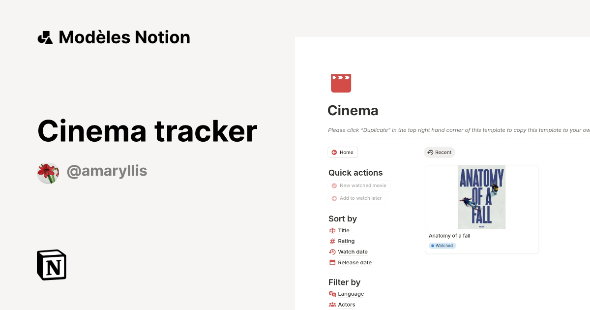 Cinema tracker | Modèle créé par Amaryllis | Marketplace Notion