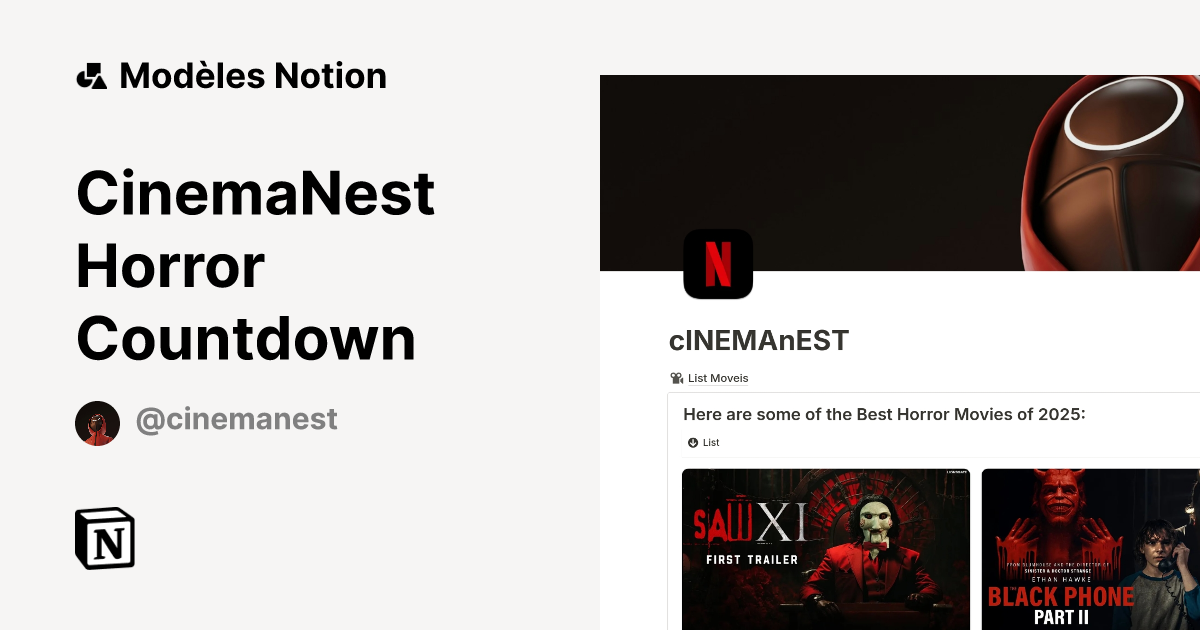 CinemaNest Horror Countdown | Modèle créé par CinemaNest | Marketplace Notion