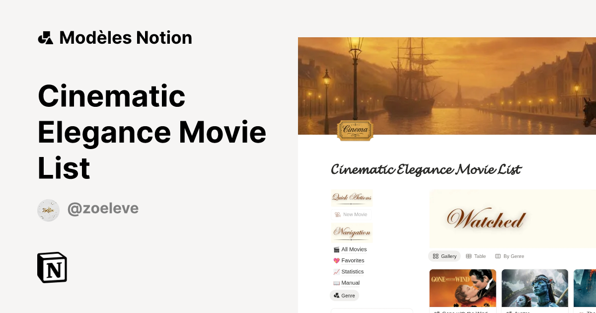Cinematic Elegance Movie List | Modèle créé par Zoe | Marketplace Notion