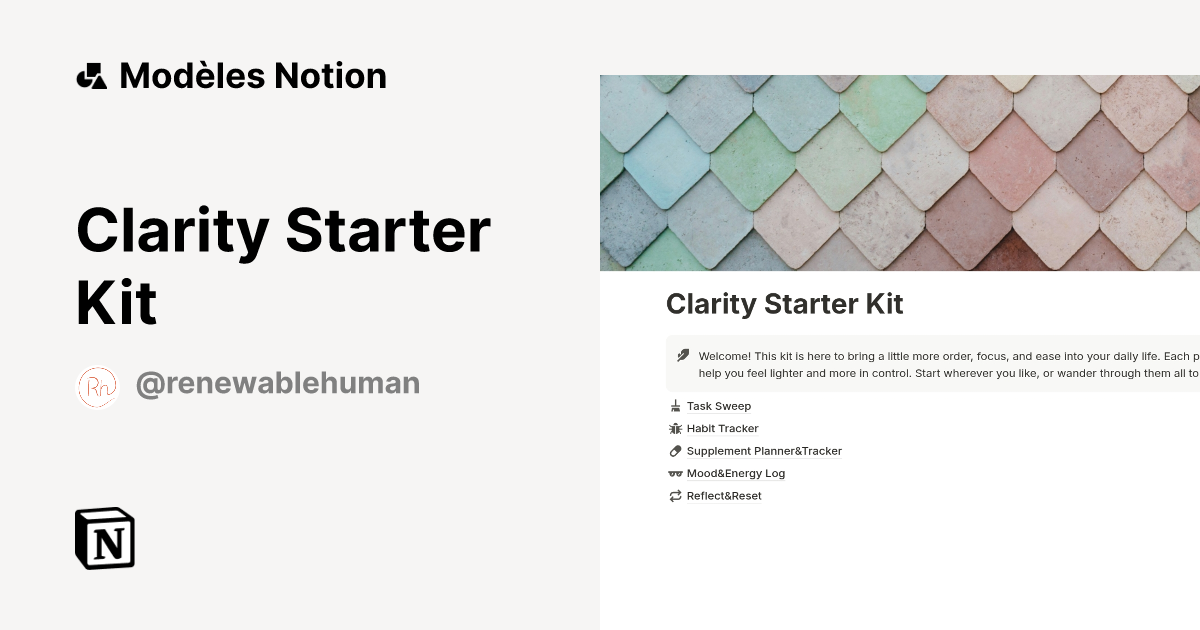 Clarity Starter Kit | Modèle créé par Renewable Human | Marketplace Notion