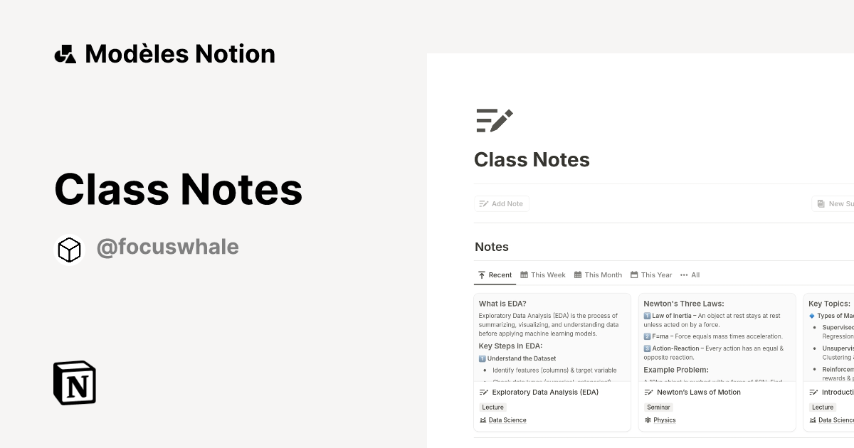 Class Notes | Modèle créé par FocusWhale | Marketplace Notion
