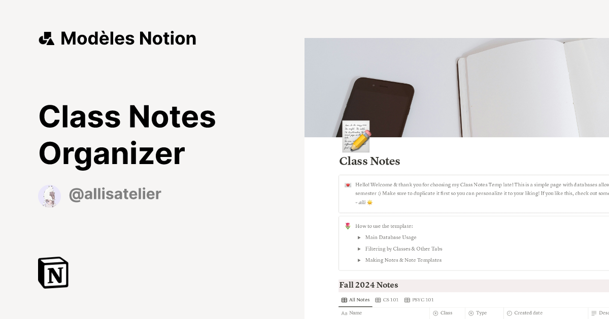 Modèle Class Notes Organizer | Marketplace Notion