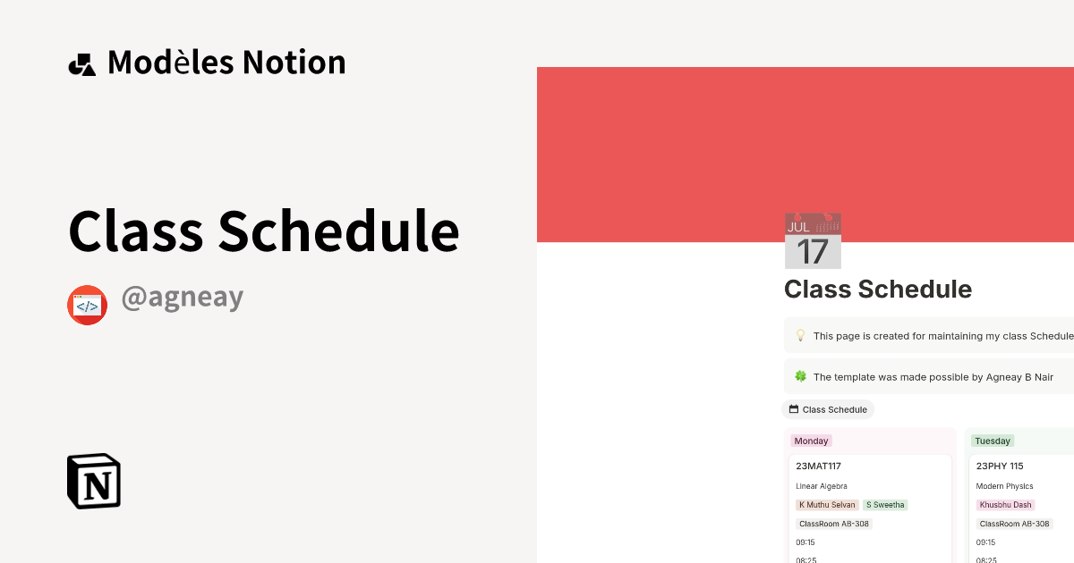 Modèle Class Schedule | Marketplace Notion