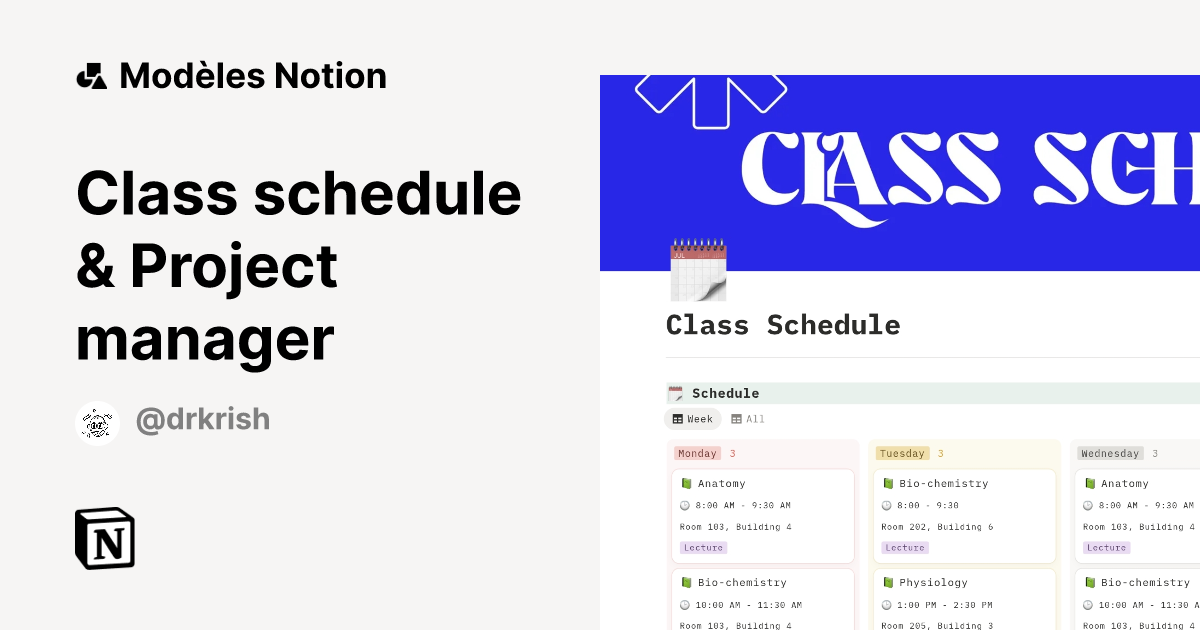 Modèle Class schedule & Project manager | Marketplace Notion