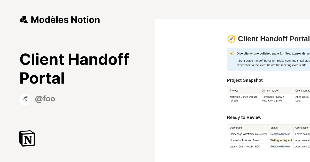 Client Handoff Portal | Modèle créé par 푸 | Marketplace Notion