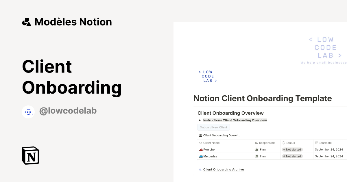 Client Onboarding | Modèle créé par low code lab | Marketplace Notion