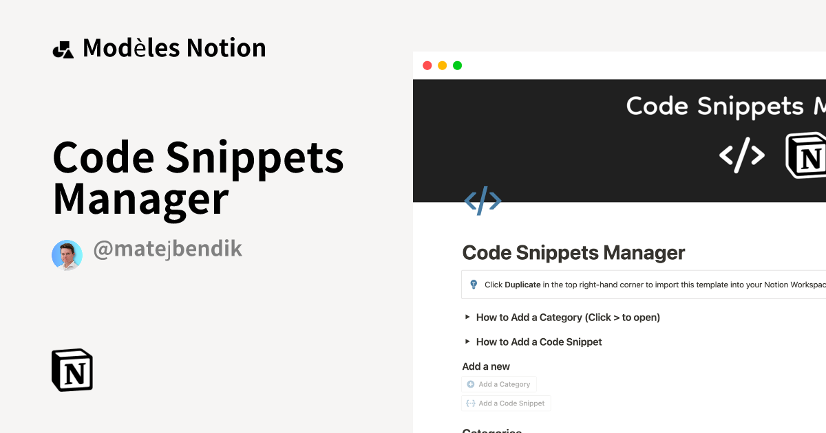 Modèle Code Snippets Manager | Marketplace Notion