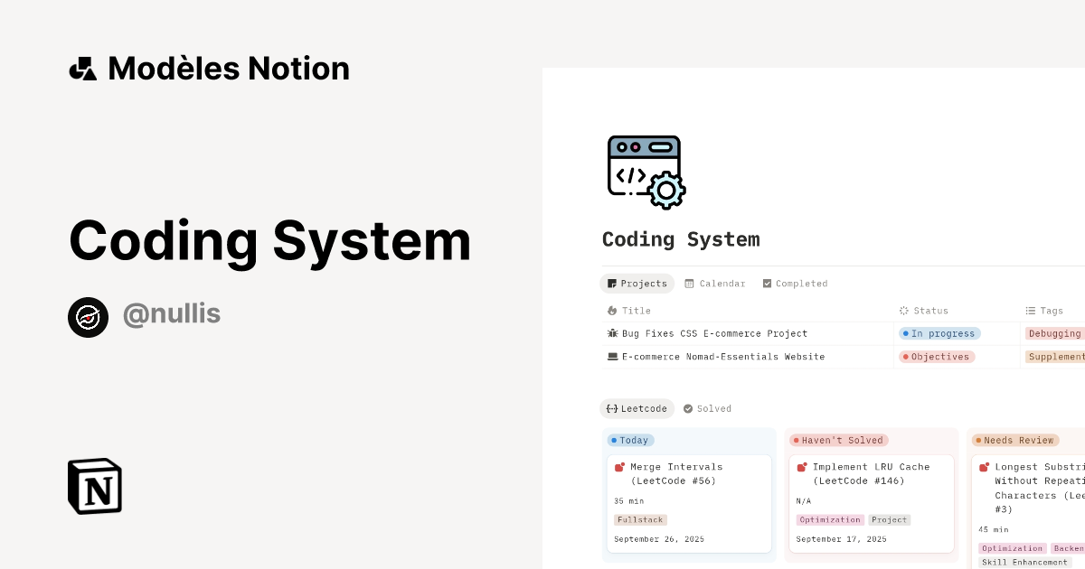 Coding Productivity System | Modèle créé par Insight | Marketplace Notion
