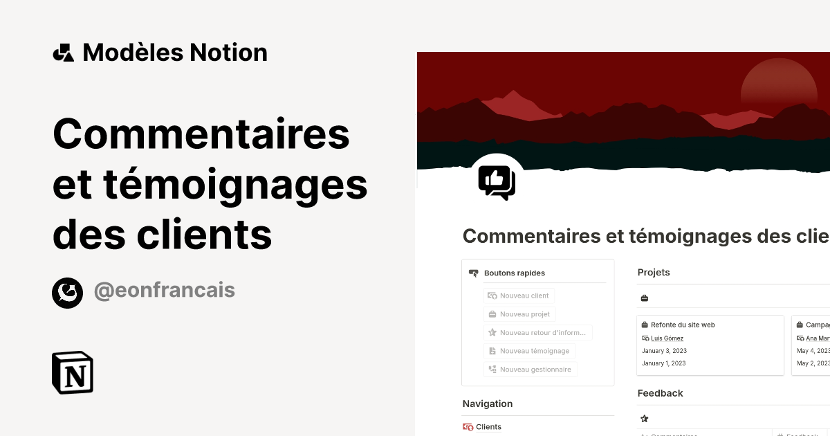 Commentaires et témoignages des clients | Modèle créé par Eon | Marketplace Notion