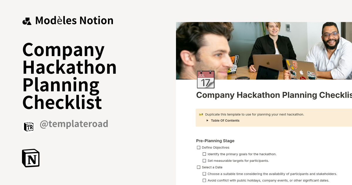 Modèle Company Hackathon Planning Checklist | Marketplace Notion
