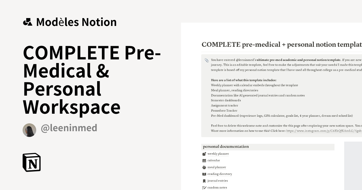 COMPLETE Pre-Medical & Personal Workspace | Modèle créé par Leeninmed ...