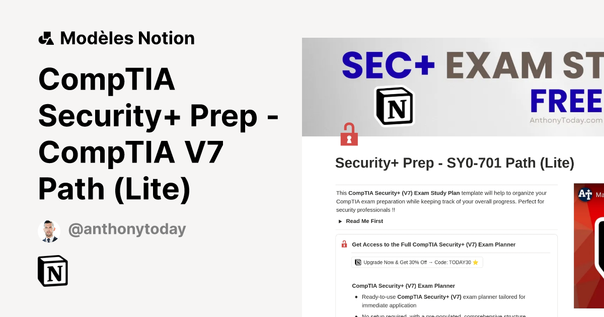 CompTIA Security+ (V7) Exam Study Plan - Lite | Modèle créé par AnthonyToday | Marketplace Notion