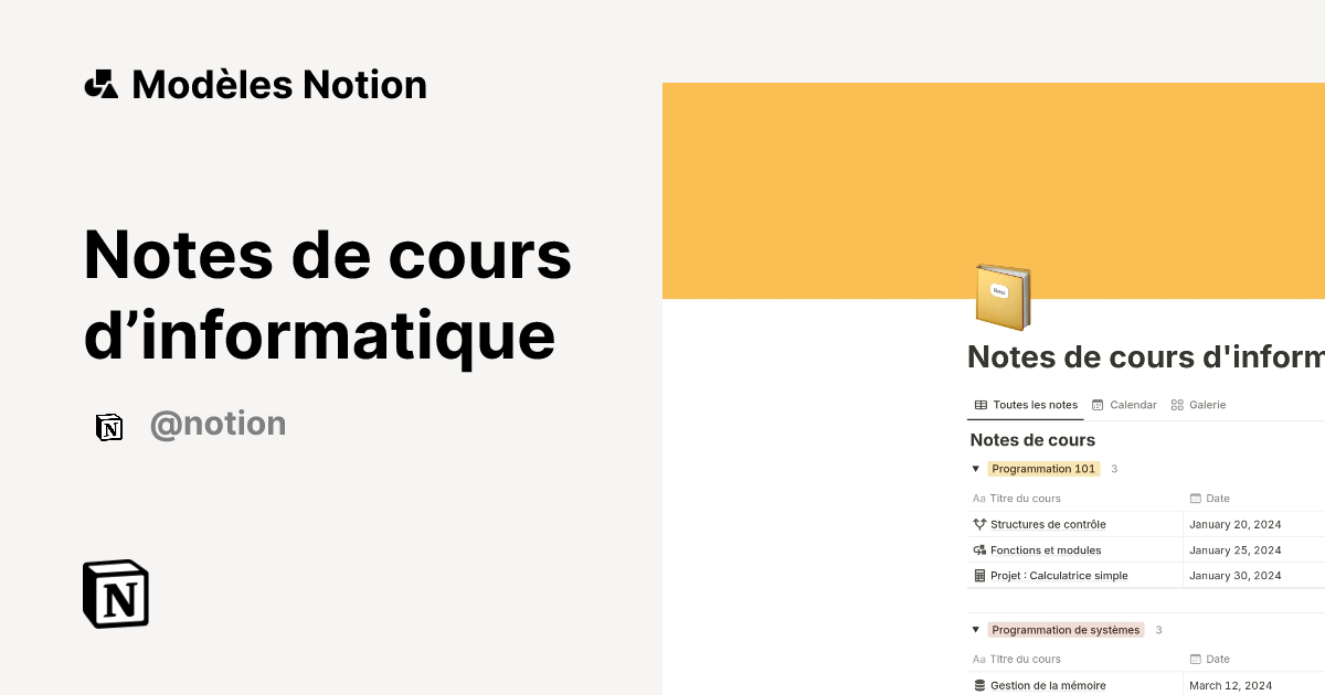 Notes de cours d’informatique | Modèle créé par Notion | Marketplace Notion