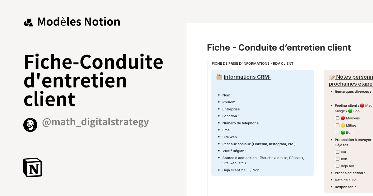 Modèle Fiche-Conduite d'entretien client | Marketplace Notion