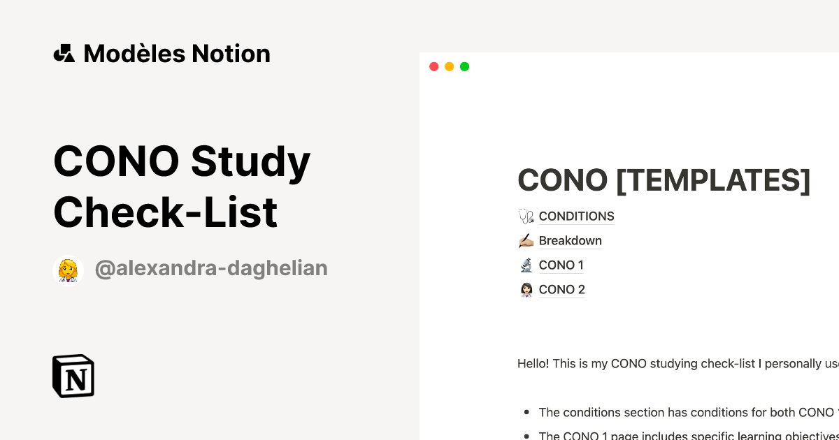 Modèle CONO Study Check-List | Marketplace Notion